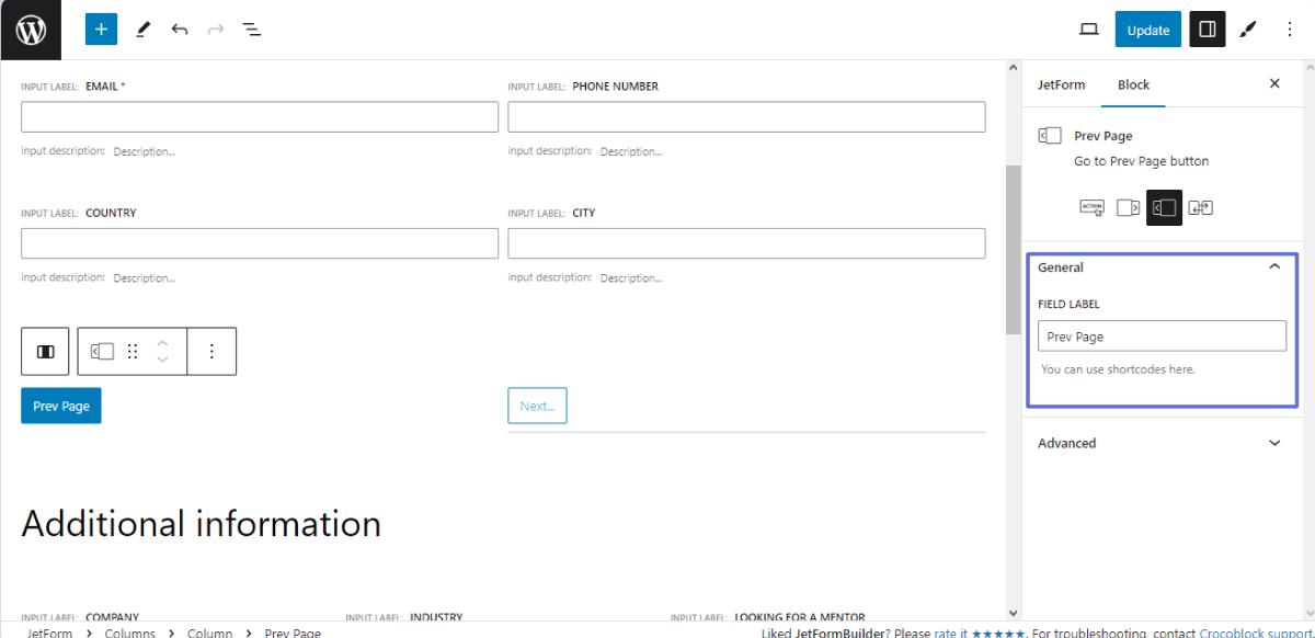 Prev Page Field Overview– JetFormBuilder | Crocoblock
