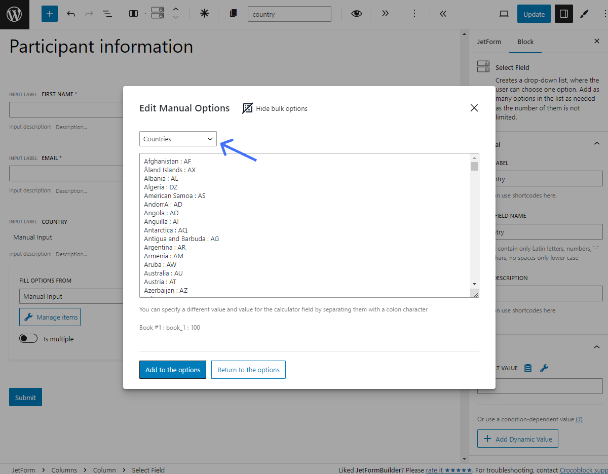 How to Add Countries to the Form Using Bulk Add | Crocoblock