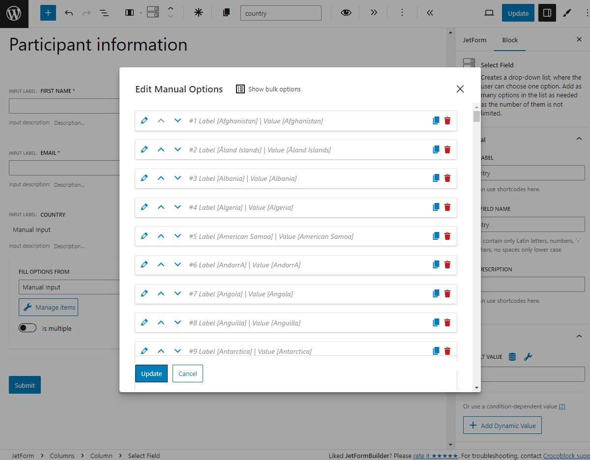 How to Add Countries to the Form Using Bulk Add | Crocoblock