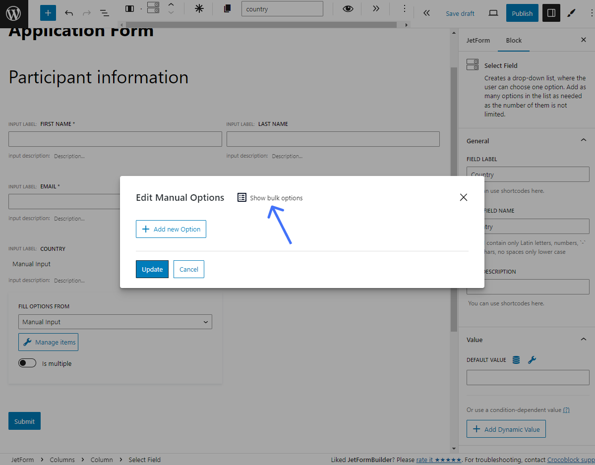 How to Add Countries to the Form Using Bulk Add | Crocoblock
