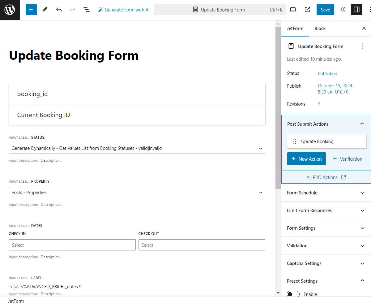 Update Booking — JetFormBuilder | Crocoblock
